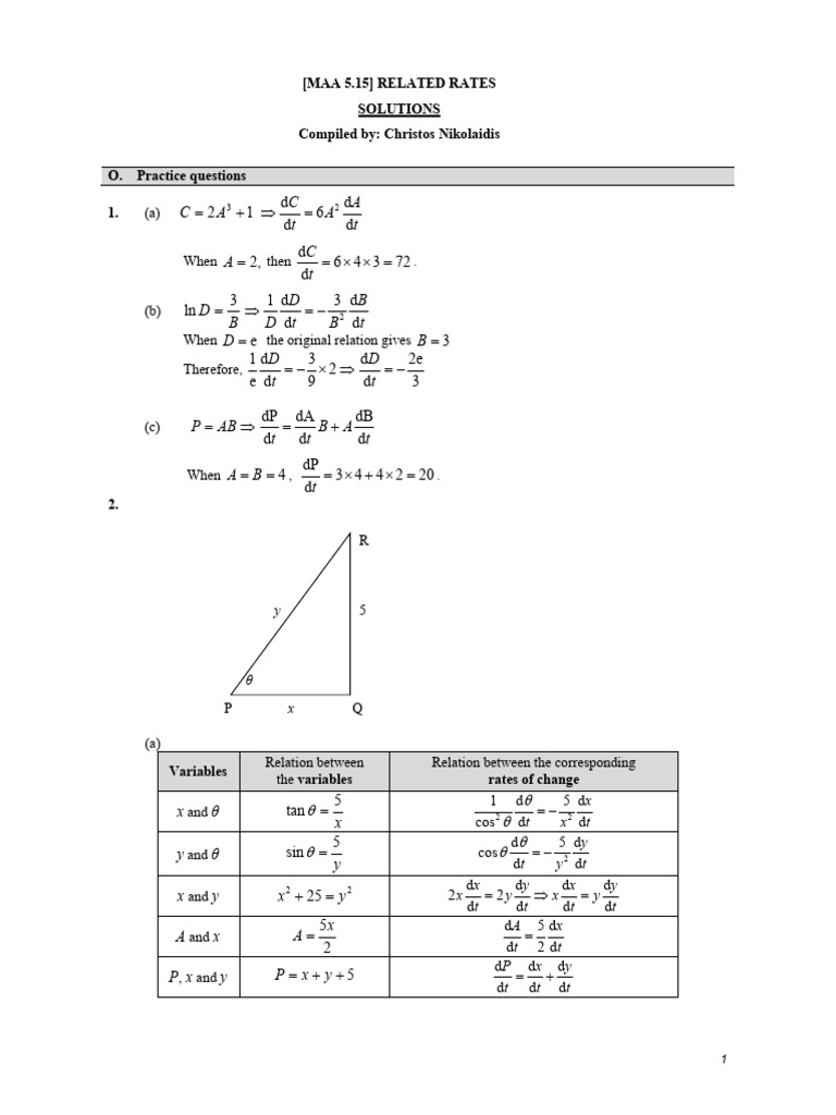 Related Rates Solutions and Practice | PDF