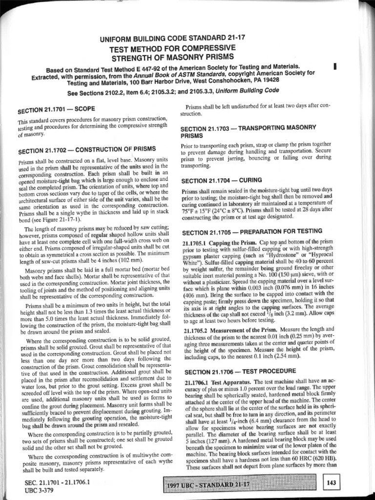 UBC 21-17, 1997 Test Method For Compressive Strength of Masonry Prisms ...