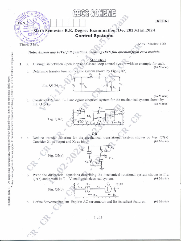 VTU Question Paper of 18EE61 Control Systems Jan-Fab-2024 | PDF