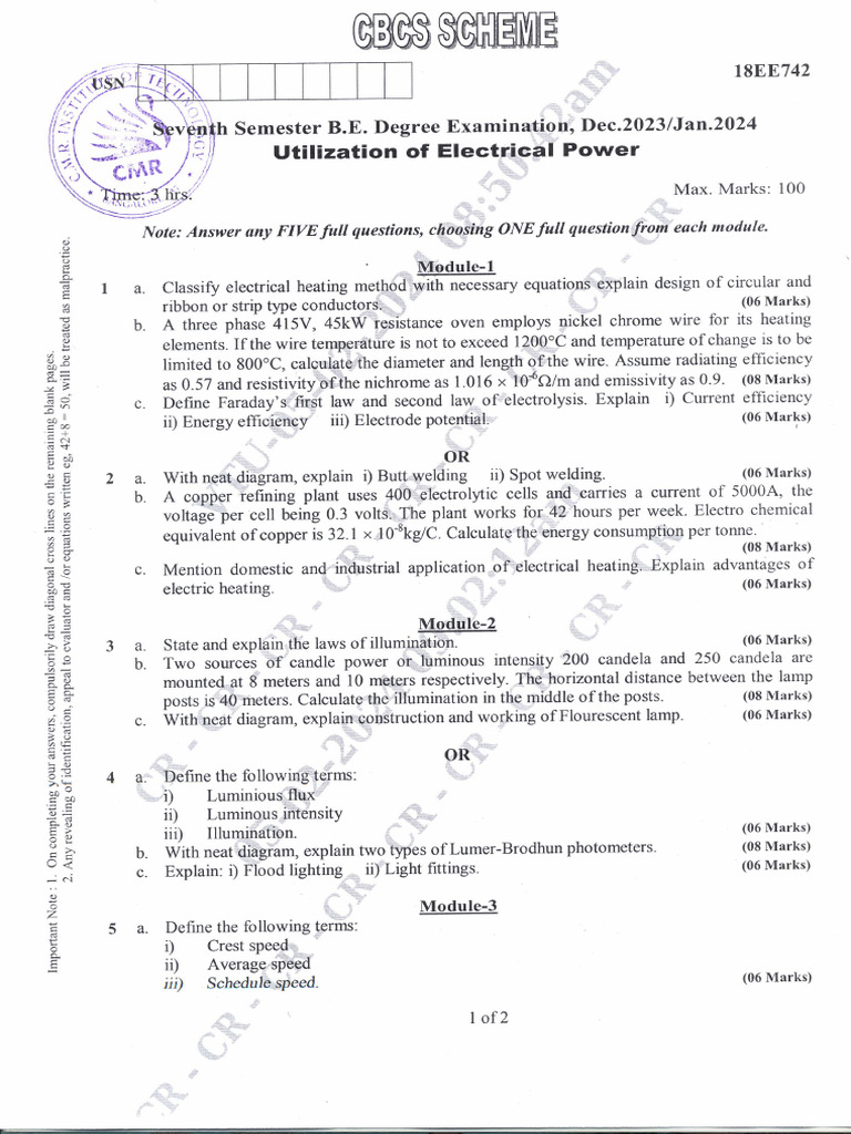 VTU Question Paper of 18EE742 Utilization of Electrical Power Jan-Fab ...