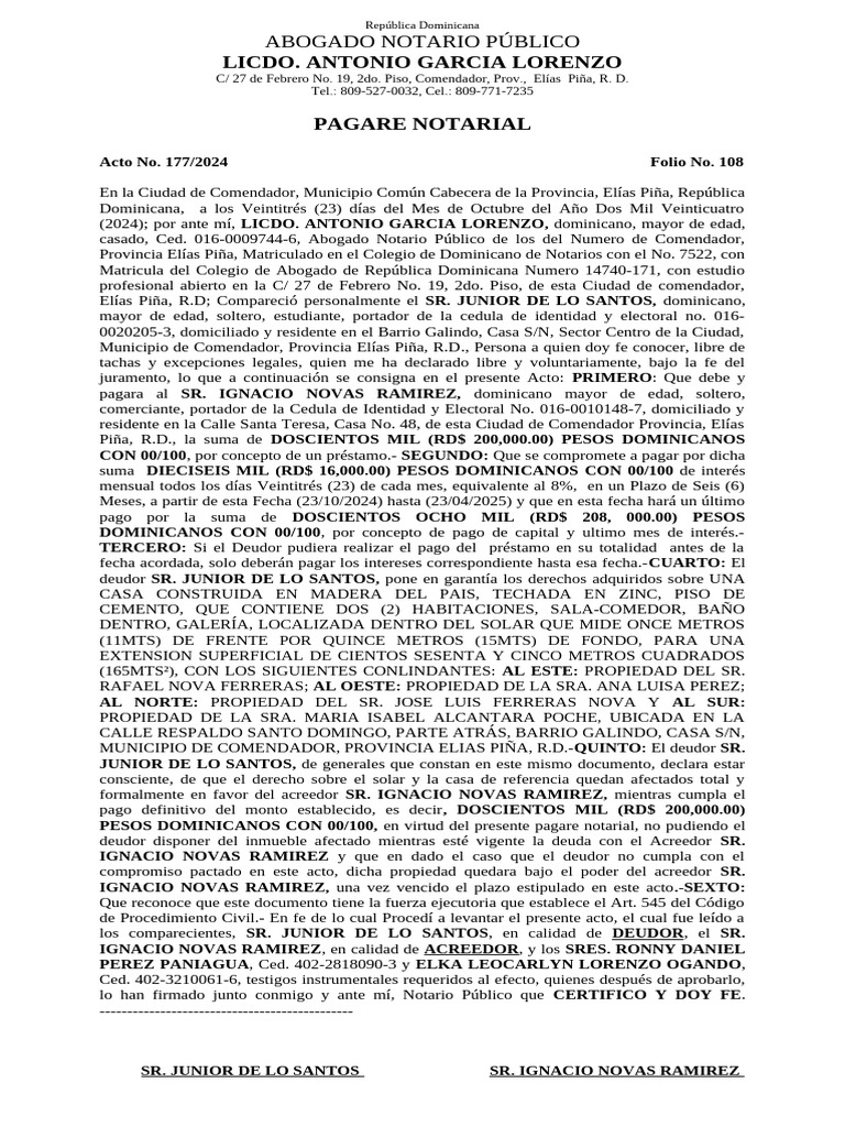 Pagare Notarial Entre Junior de Los Santos e Ignacio Novas | PDF