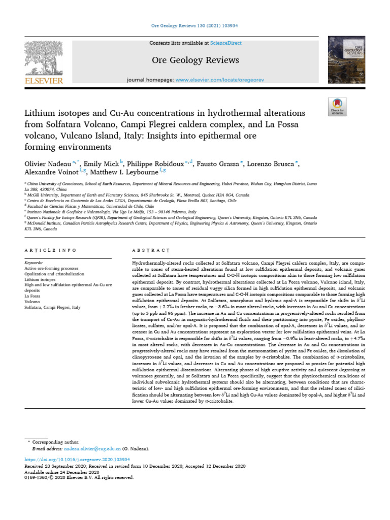 Lithium isotopes and Cu Au concentrations in hydrotermal alterations ...