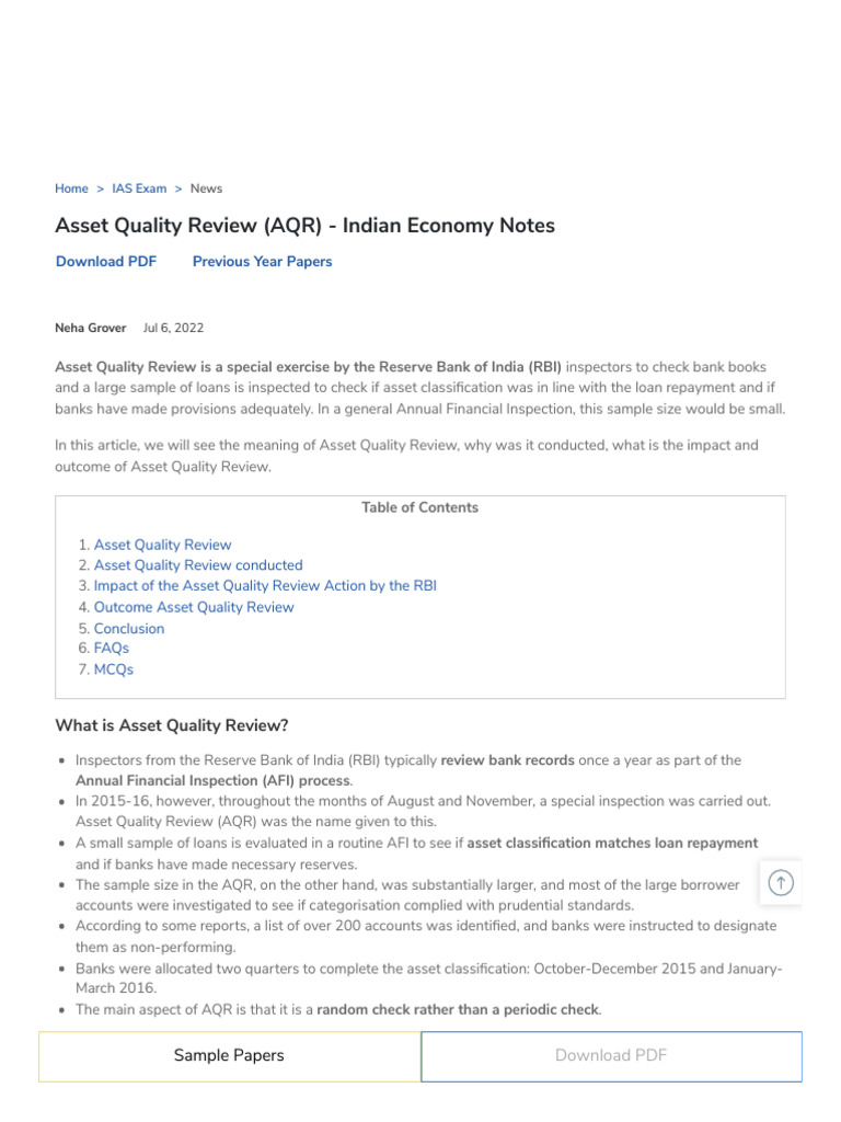 RBI Asset Quality Review Impact | PDF | Banks | Reserve Bank Of India