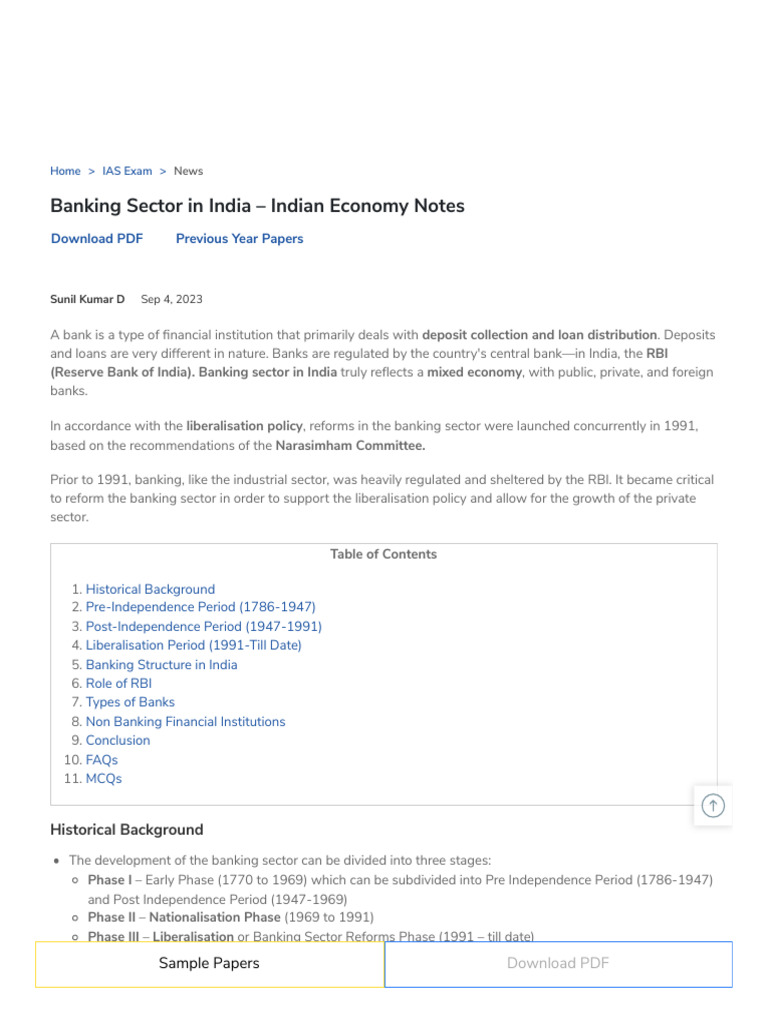 Banking Sector in India - Indian Economy Notes | PDF | Reserve Bank Of ...