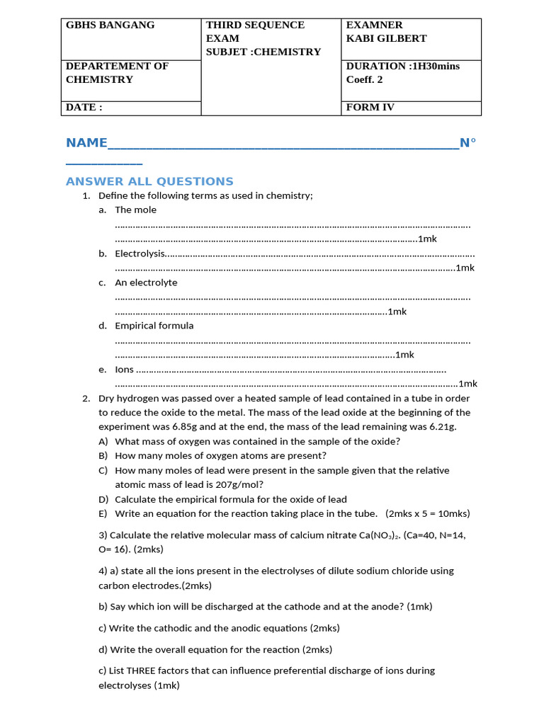 Chemistry Exam for Form IV Students | PDF