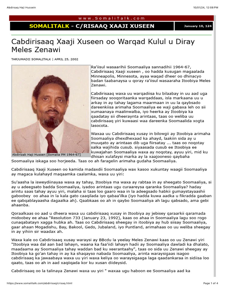 Abdirizak Haji Hussein's Political Insights | PDF | Somalia | Ethiopia