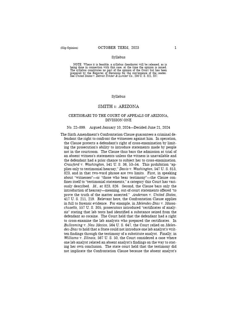 Smith v. Arizona: Confrontation Clause Ruling | PDF | Confrontation ...
