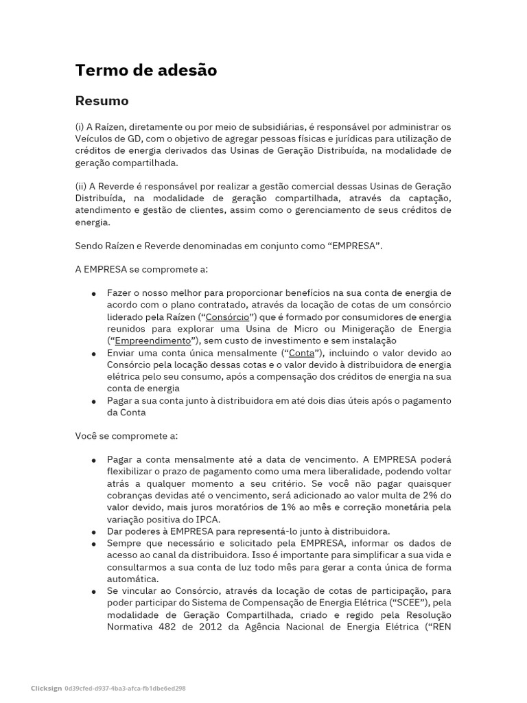 Termo Adesão Raizen Reverde - Docx - Clicksign Daniel | PDF | Consórcio