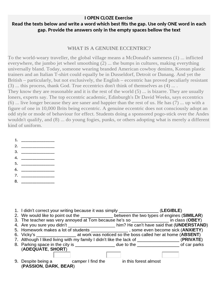 Eccentricity and Language Cloze Exercise | PDF