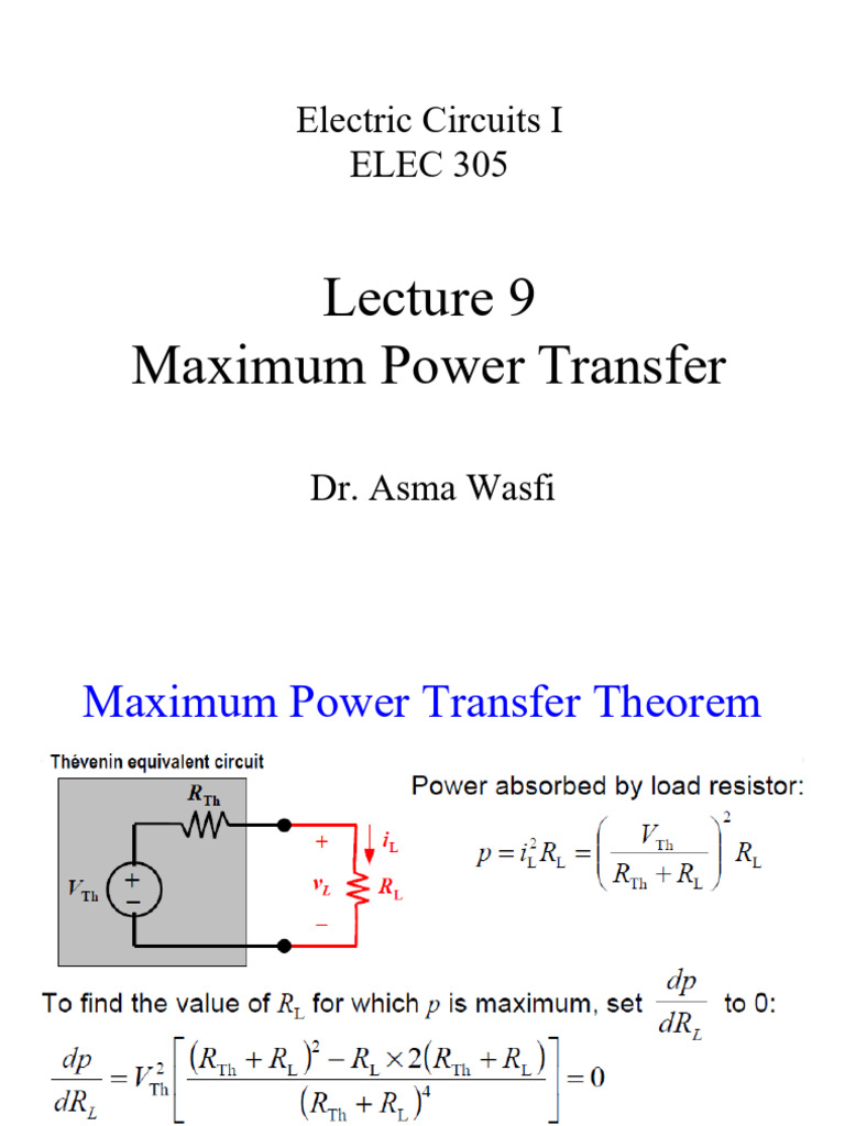 Lecture 9 - Maximum Power Transfer | PDF | Electrical Circuits | Analog ...