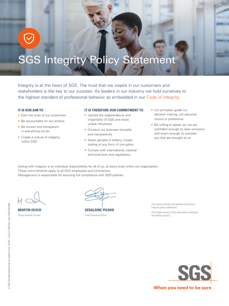 SGS Integrity and HSE Policy Overview | PDF | Sustainability | Employment