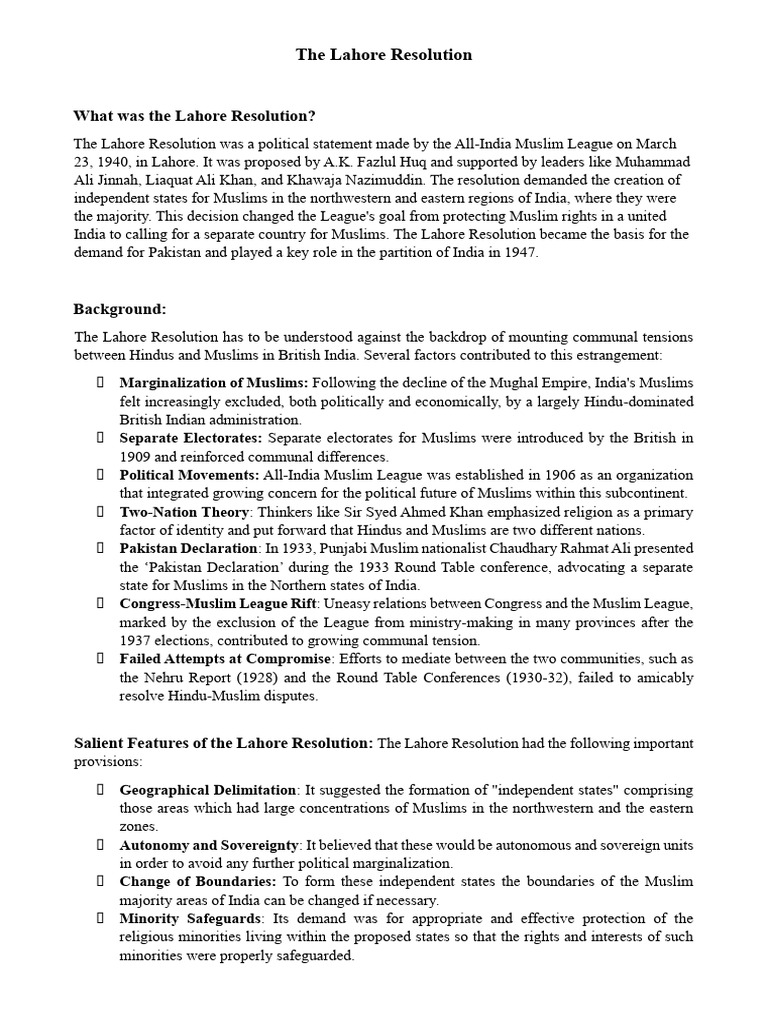 Lahore Resolution Note | PDF | All India Muslim League | Two Nation Theory