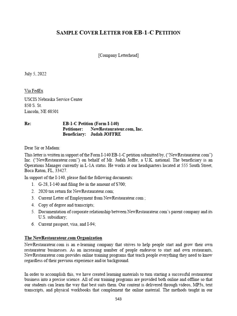 Sample EB-1 Cover Letter | PDF | Performance Indicator | Marketing