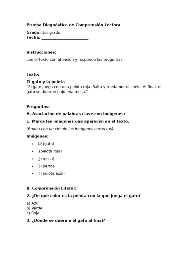 Prueba Diagnóstica de Comprensión Lectora 1er Grado | PDF