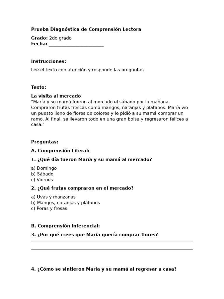 Prueba Diagnóstica de Comprensión Lectora 2do grado | PDF