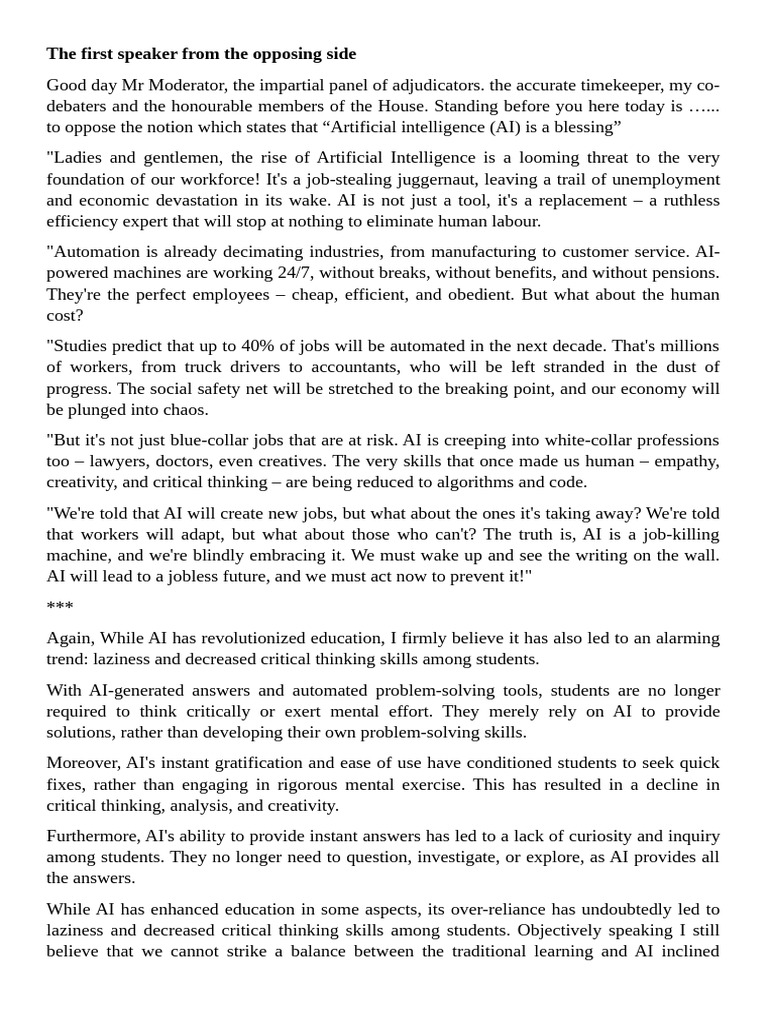 The First Speaker From The Opposing Side | PDF | Artificial Intelligence | Intelligence (AI ...