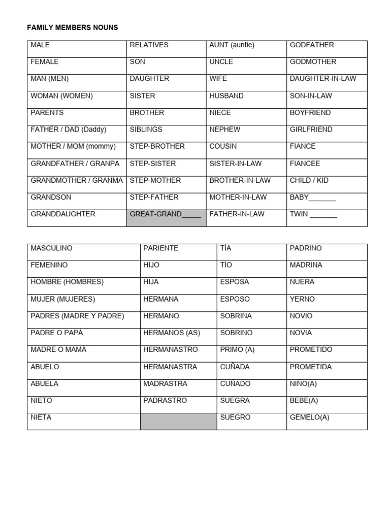 Nouns (Family Vocabulary) August 2024 | PDF