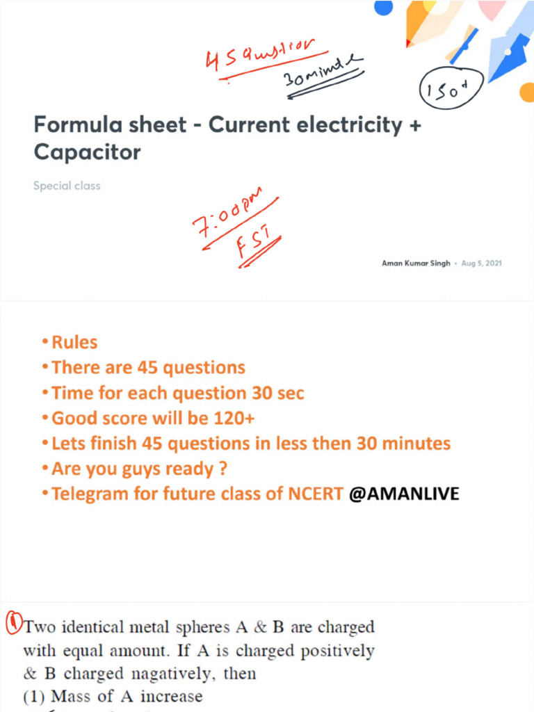 Formula Sheet Current Electricity Capacitor With Anno | PDF