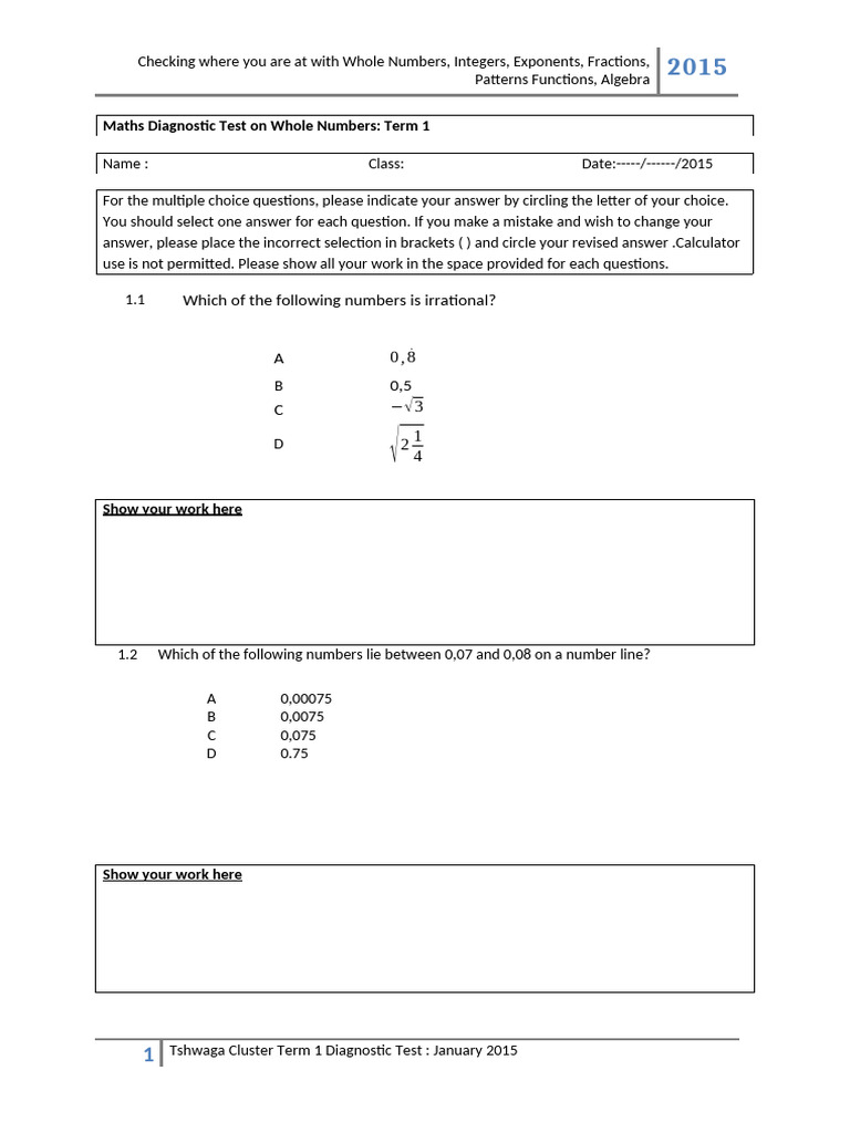 Diagnostic Term 1 2015 | PDF | Integer | Numbers