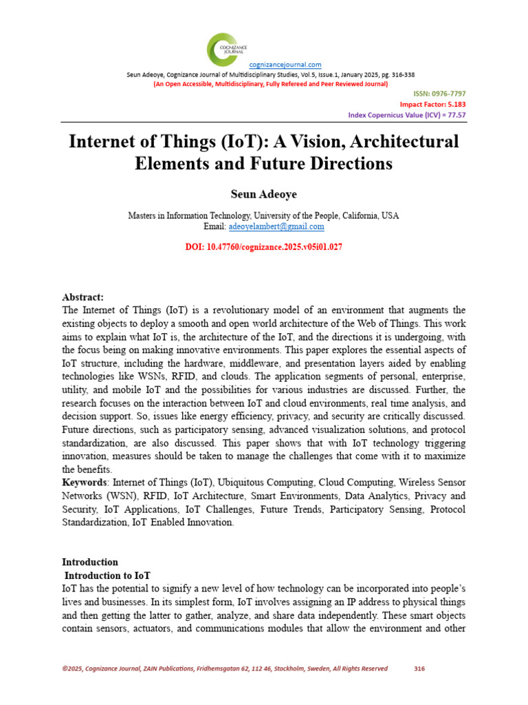 Internet of Things (IoT) : A Vision, Architectural Elements and Future ...