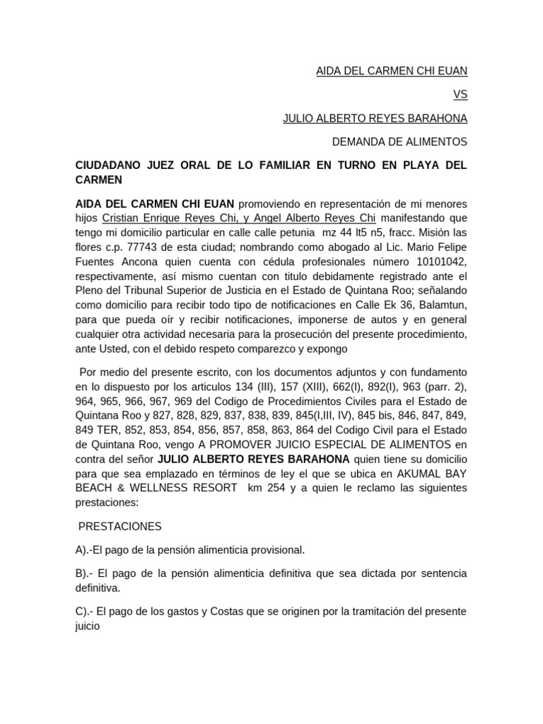Pension Alimenticia AIDA DEL CARMEN CHI EUAN vs Julio Alberto Reyes Chi ...