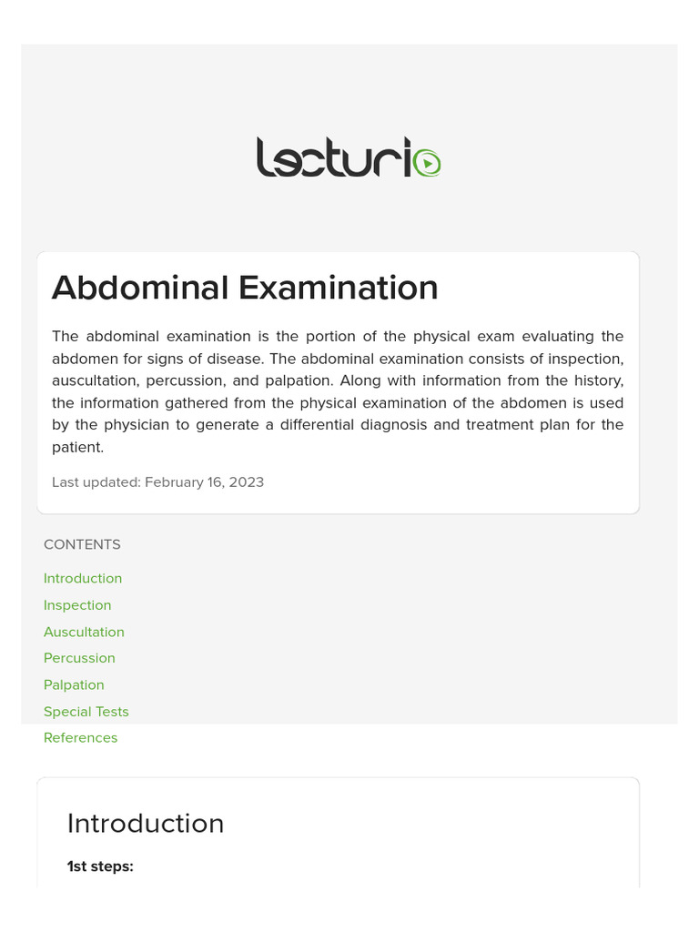 Abdominal Examination - Lecturio | PDF | Abdomen | Physical Examination