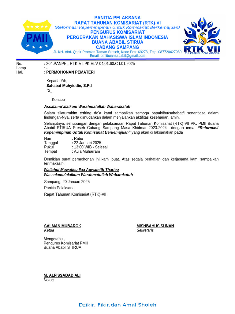 Permohonan Pemateri RTK PMII | PDF