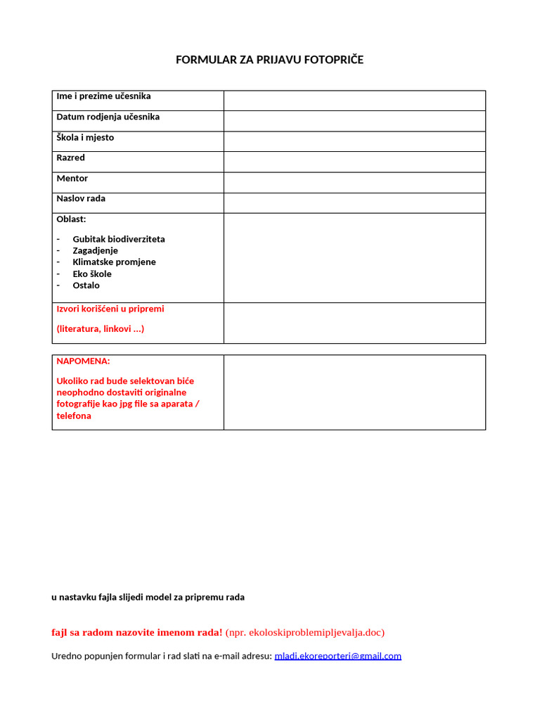Formular I Model Za Prijavu Fotoprice 2025 | PDF