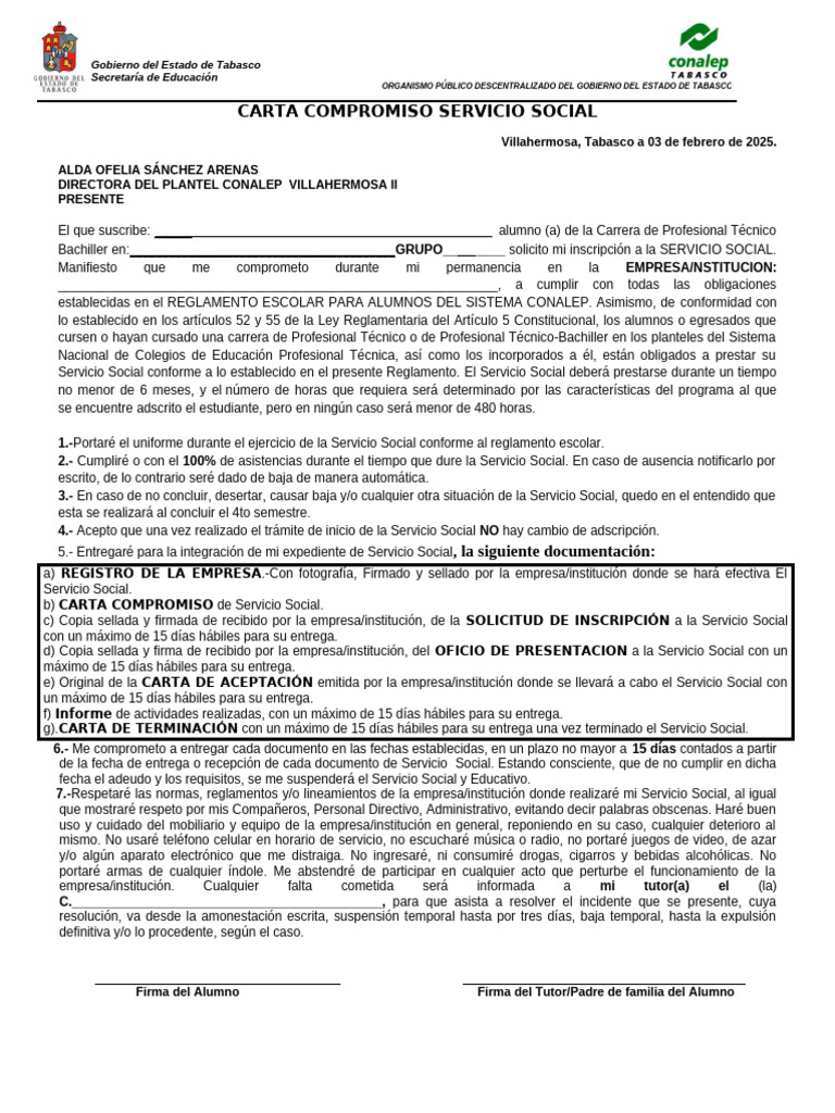 Carta Compromiso Servicio Social | PDF