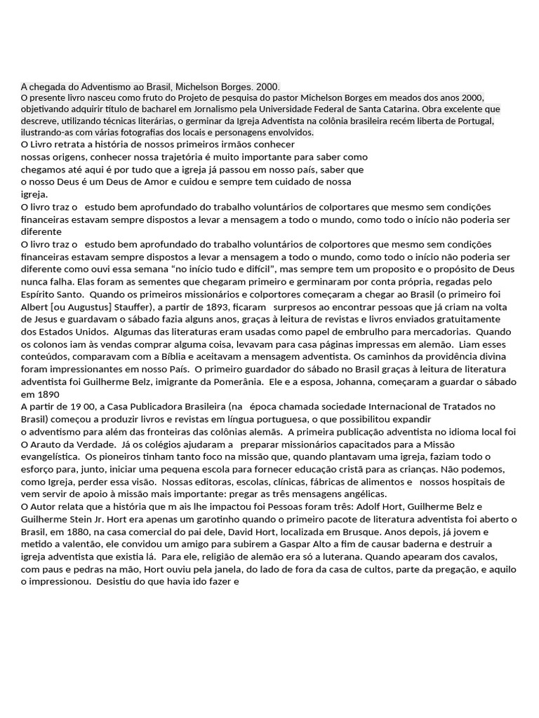 A Chegada do Adventismo no Brasil | PDF | Igreja Adventista do Sétimo ...