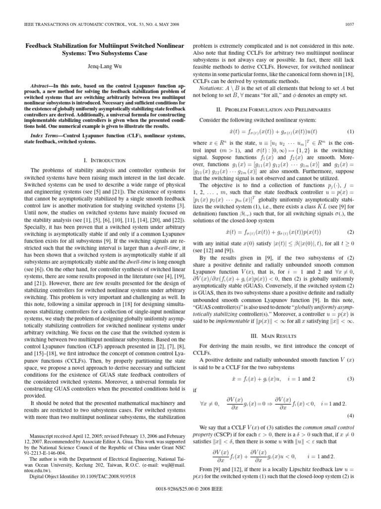 wu2008-Feedback Stabilization for Multiinput Switched Nonlinear | PDF | Mathematical Objects ...