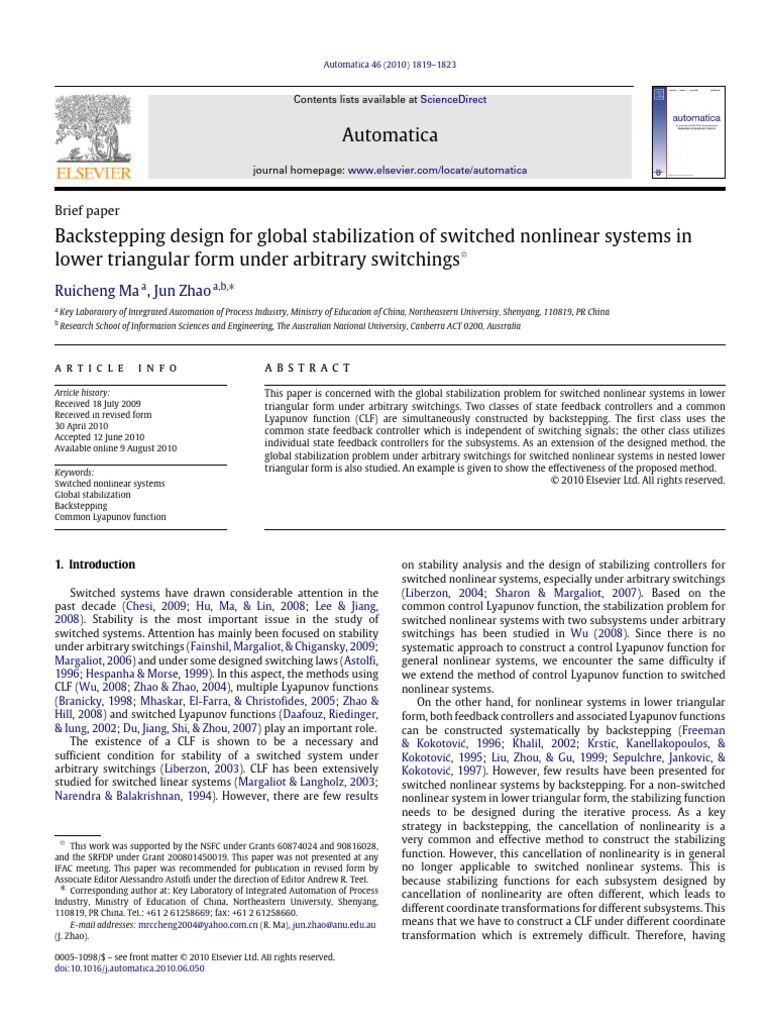 ma2010-Backstepping design for global stabilization of switched nonlinear systems in | PDF ...