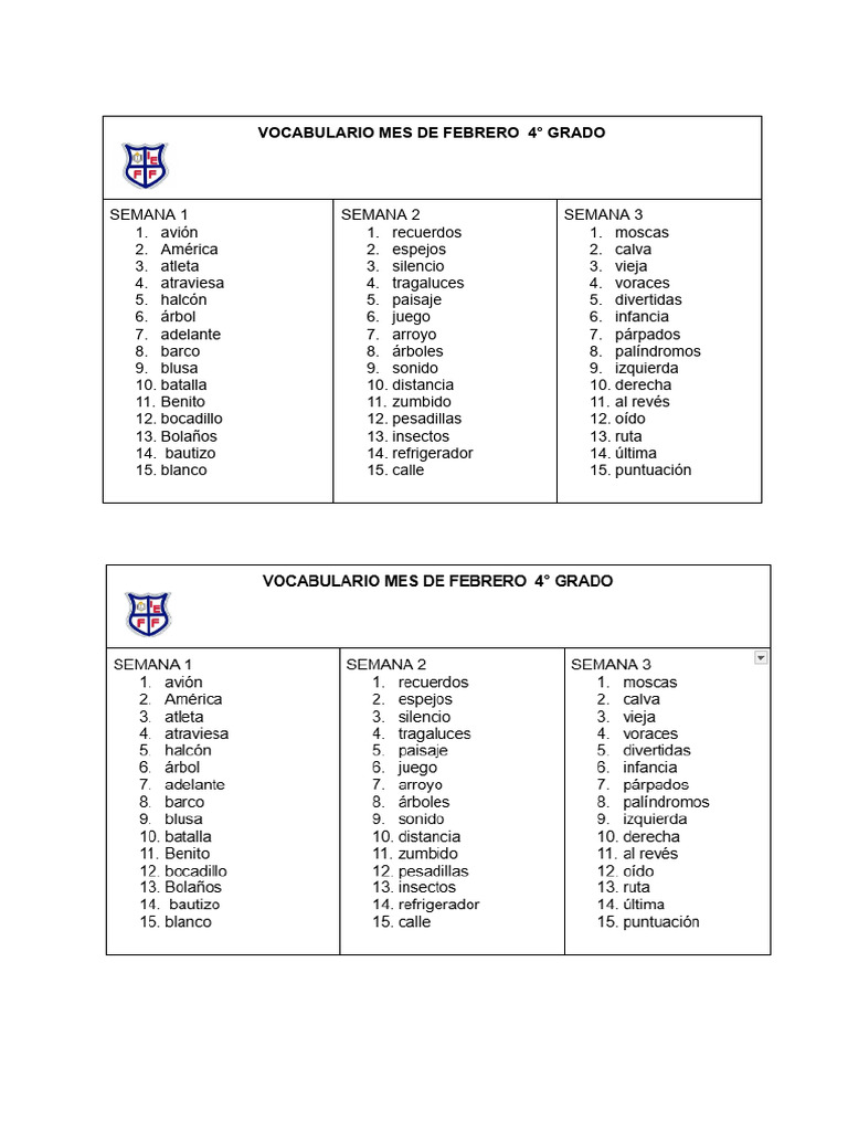 Vocabulario Febrero Cuarto | PDF