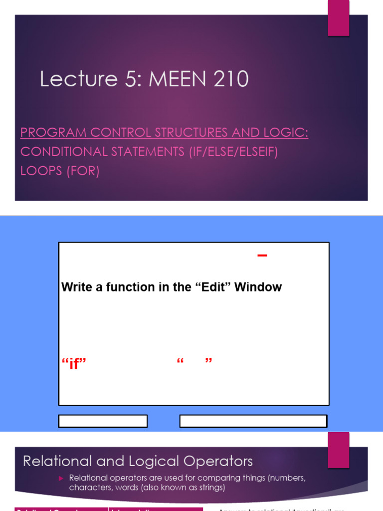 MEEN210 - L05 - Program Control | PDF | Control Flow | Matlab