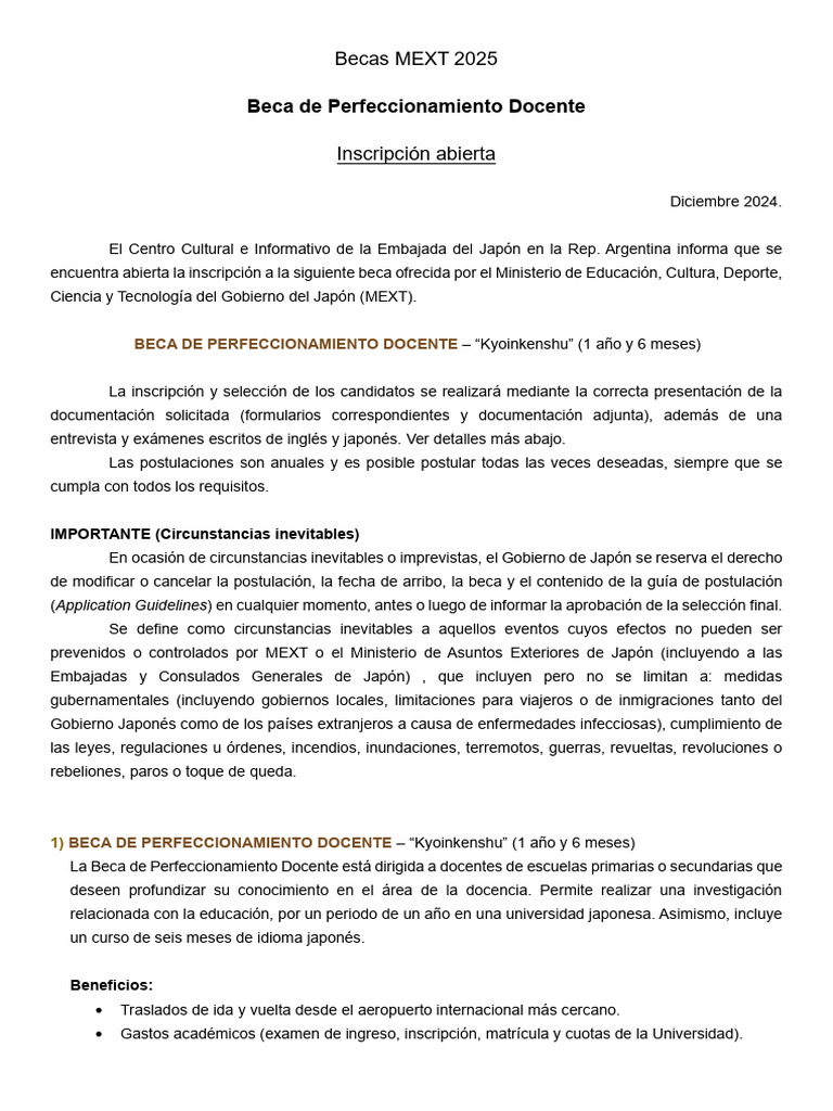 Beca de Perfeccionamiento Docente: Becas MEXT 2025 | PDF | Japón