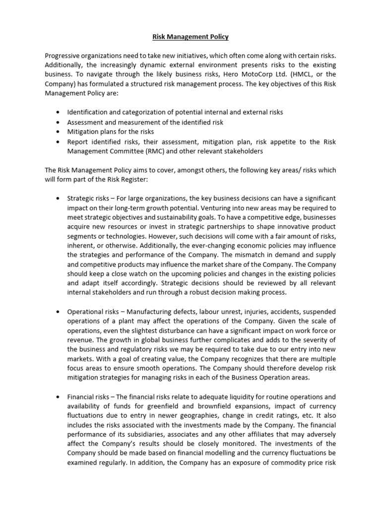 Risk Management Policy Final | PDF | Risk | Financial Risk