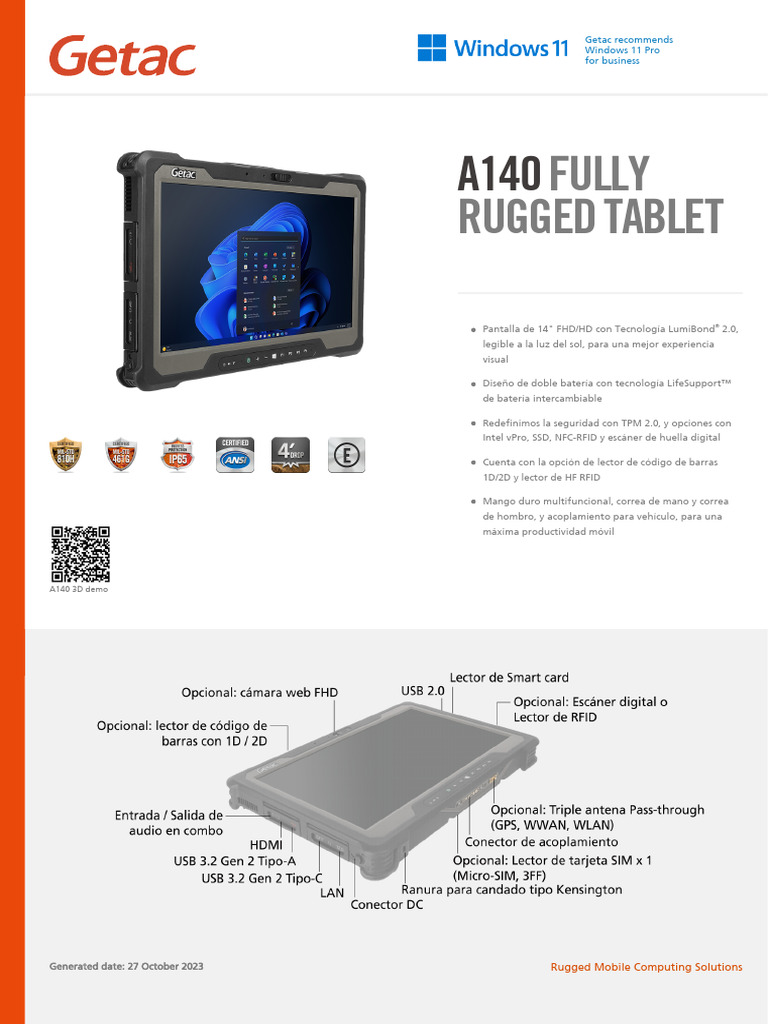 Getac_A140_Product_ES_LATAM | PDF | USB | Bluetooth