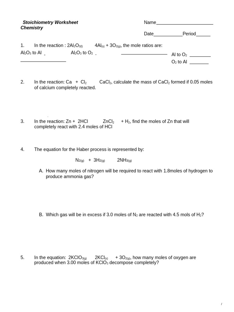 Stoichio Wksheet) 2023 | PDF