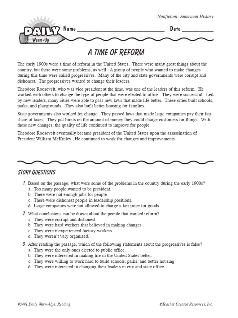 Progressive Reform Passage and Questions | PDF | Progressivism In The ...