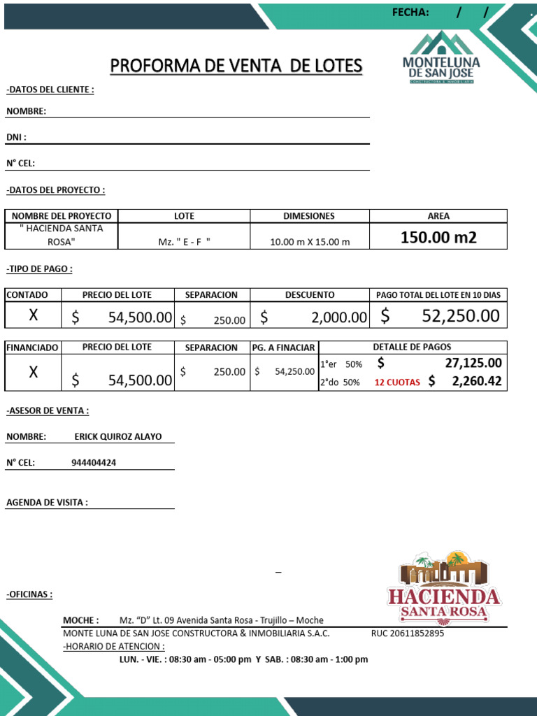 Proforma de Venta de Lotes en Santa Rosa | PDF