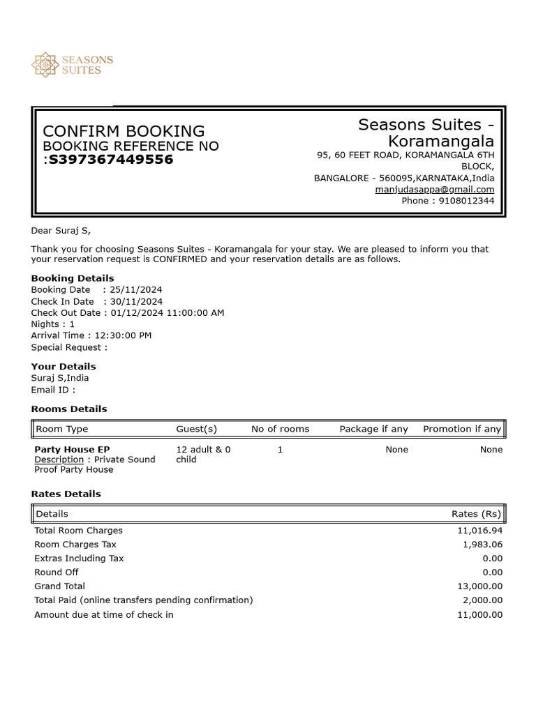 Seasons Suites Booking Confirmation | PDF | Payments