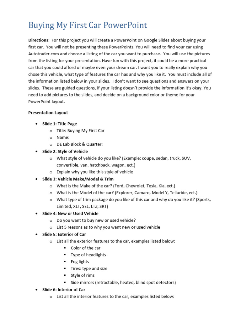 Buying My First Car Instructions Grading Rubric | PDF | Fuel Economy In ...