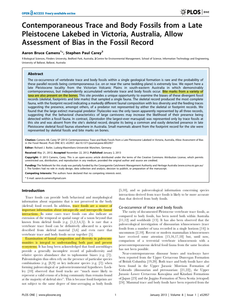 Contemporaneous Trace and Body Fossils From A Late | PDF | Fossil ...
