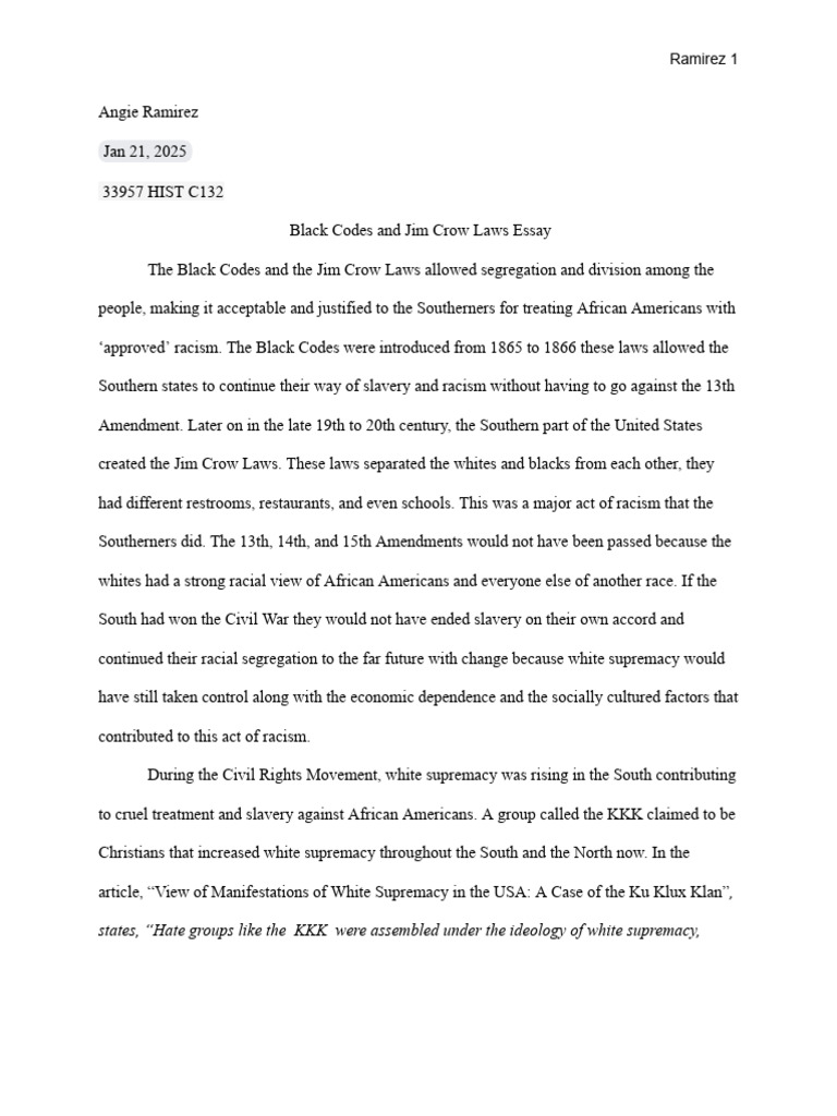 US History Black Codes and Jim Crow Laws | PDF | White Supremacy | Jim ...