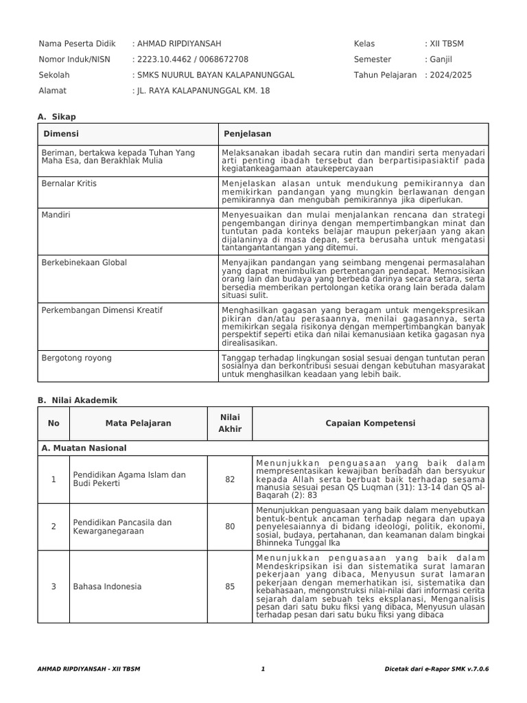 Rapor Ahmad Ripdiyansah - Xii TBSM | PDF