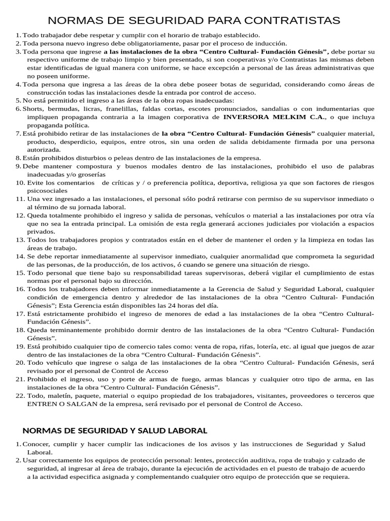 NORMAS DE SEGURIDAD PARA CONTRATISTAS | PDF | Seguridad y salud ocupacional