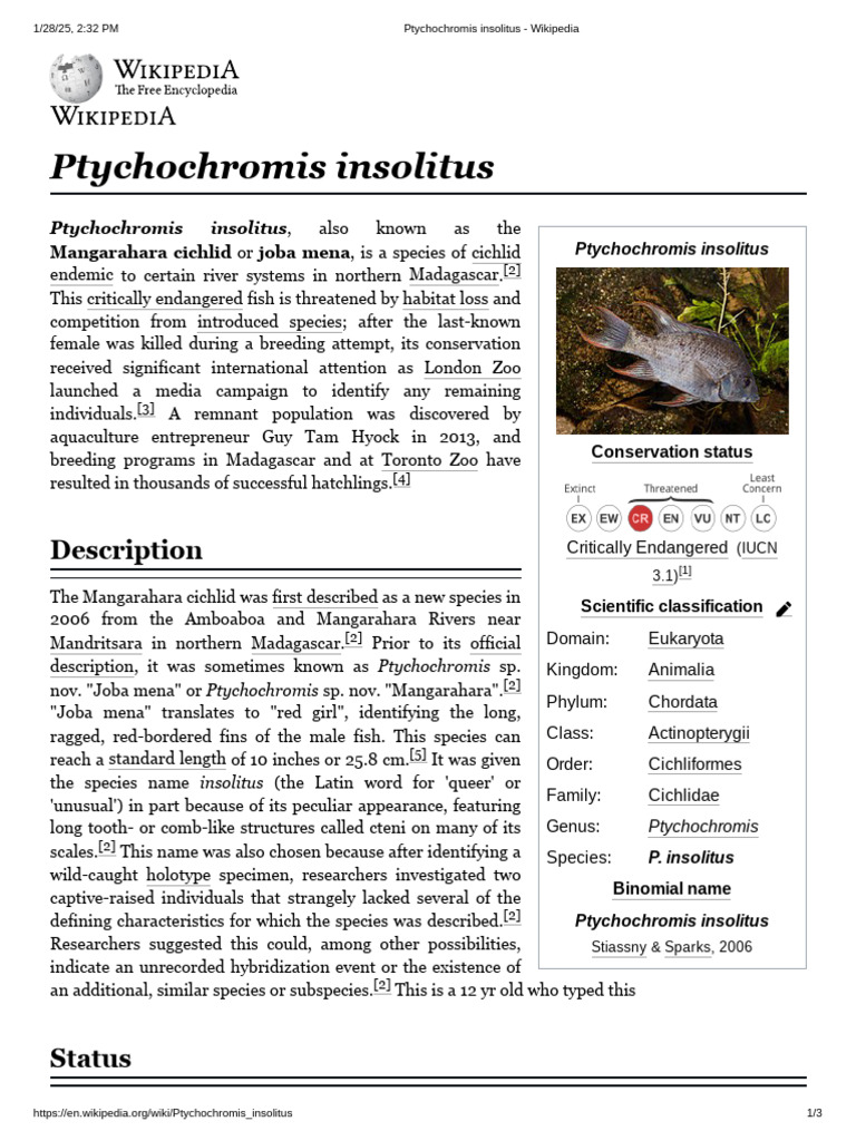 Ptychochromis Insolitus - Wikipedia | PDF | Fish | Biology