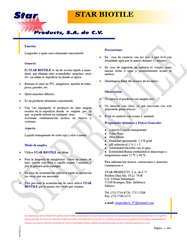 Limpiador Concentrado STAR BIOTILE | PDF | Agua | Química
