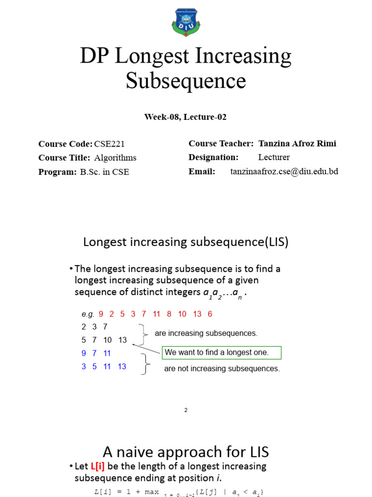 14. W-8_L-2_DP Longest Increasing Subsequence.pptx | PDF | Algorithms | Algorithms And Data ...