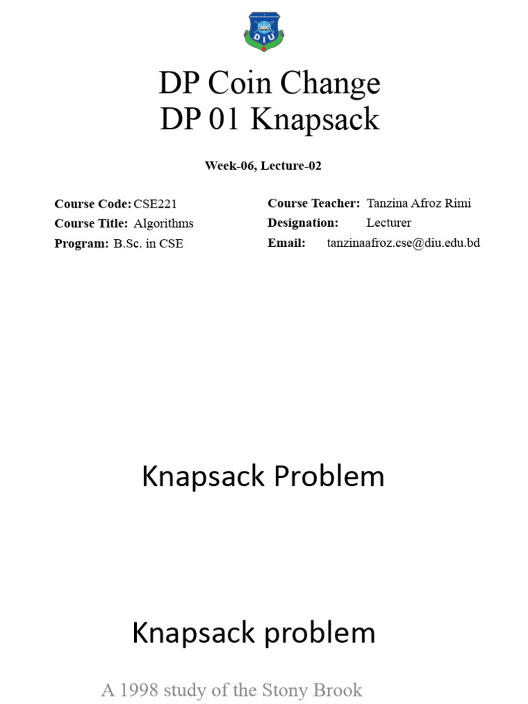 W-6 - L-2 - DP Coin Change & DP 01 Knapsack | PDF | Applied Mathematics | Mathematical Analysis